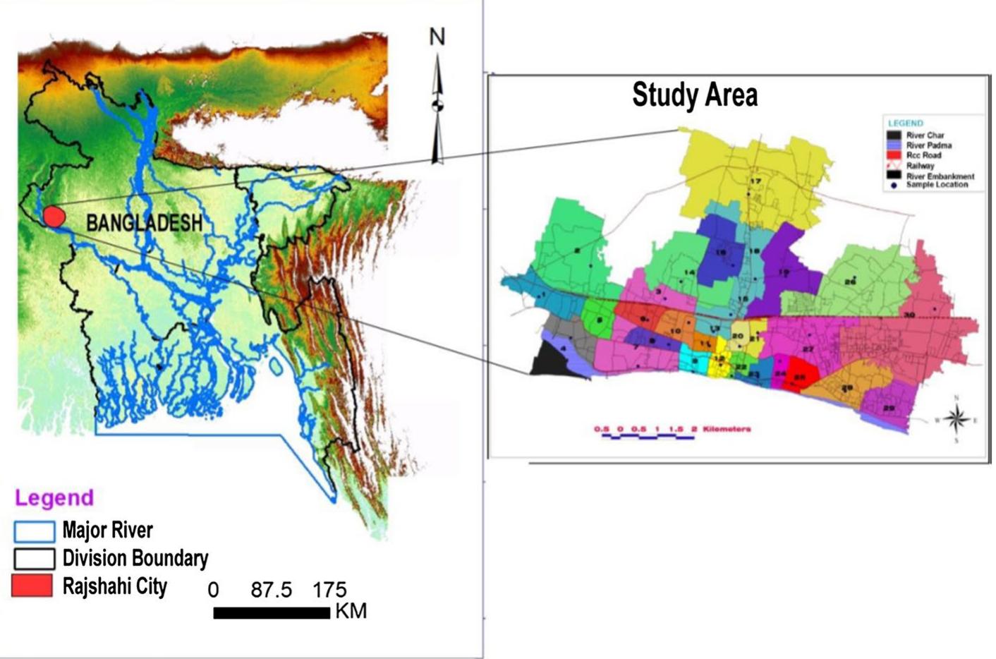 Map of study area (rcc area) showing sample locations een