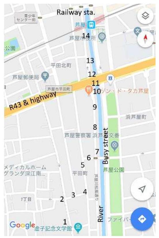 The map of the measured area (hirata-cho area, ashiya-city,