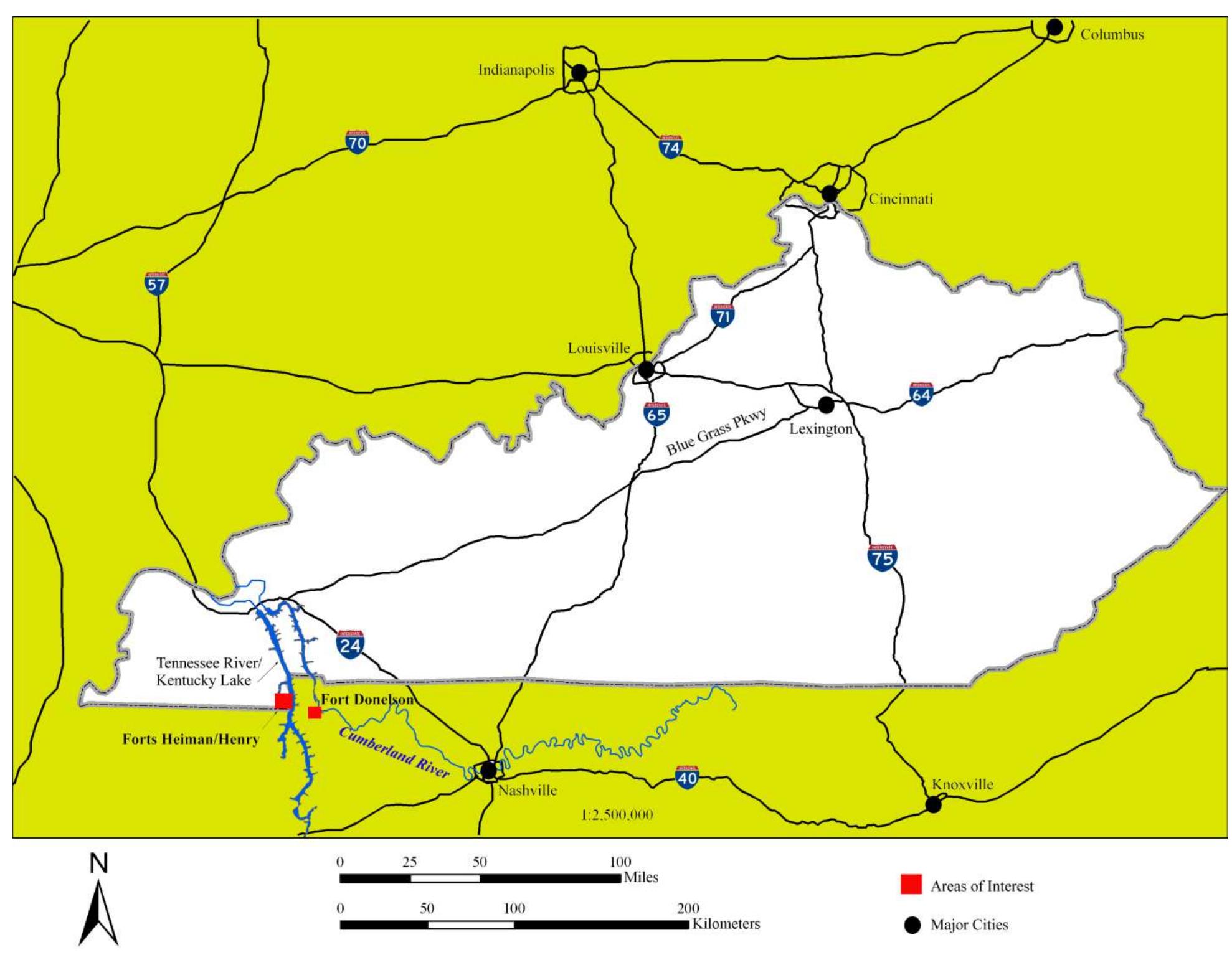 Locational map of fort heiman, fort henry, fort donelson,