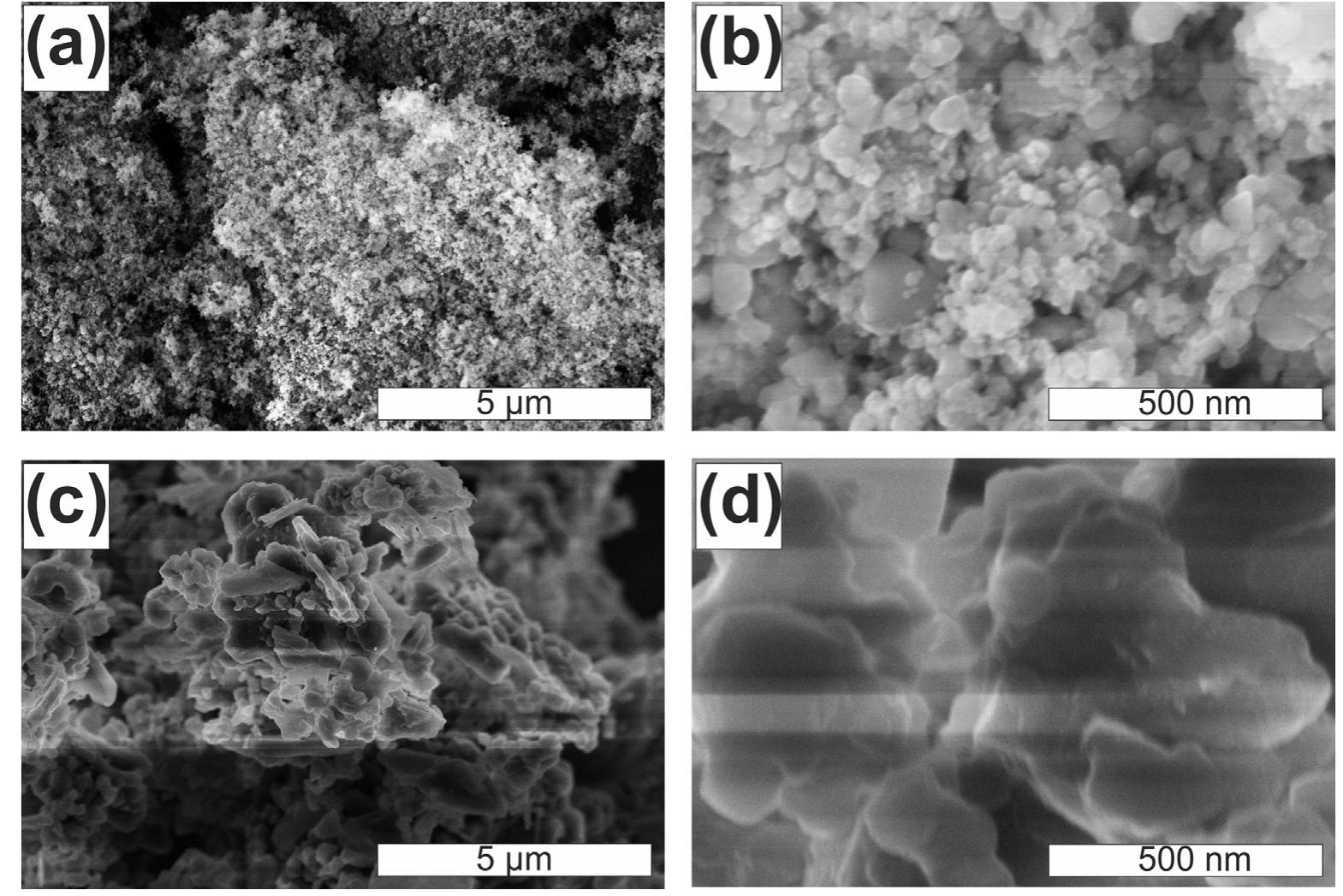 Sem images of initial b-sic (a,b) and amorphous boron (c,d)