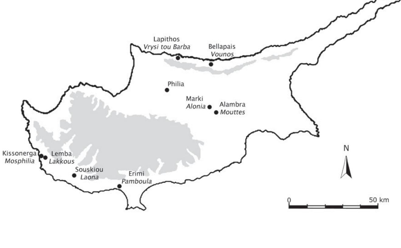 Map of cyprus indicating chalcolithic, early cypriot and