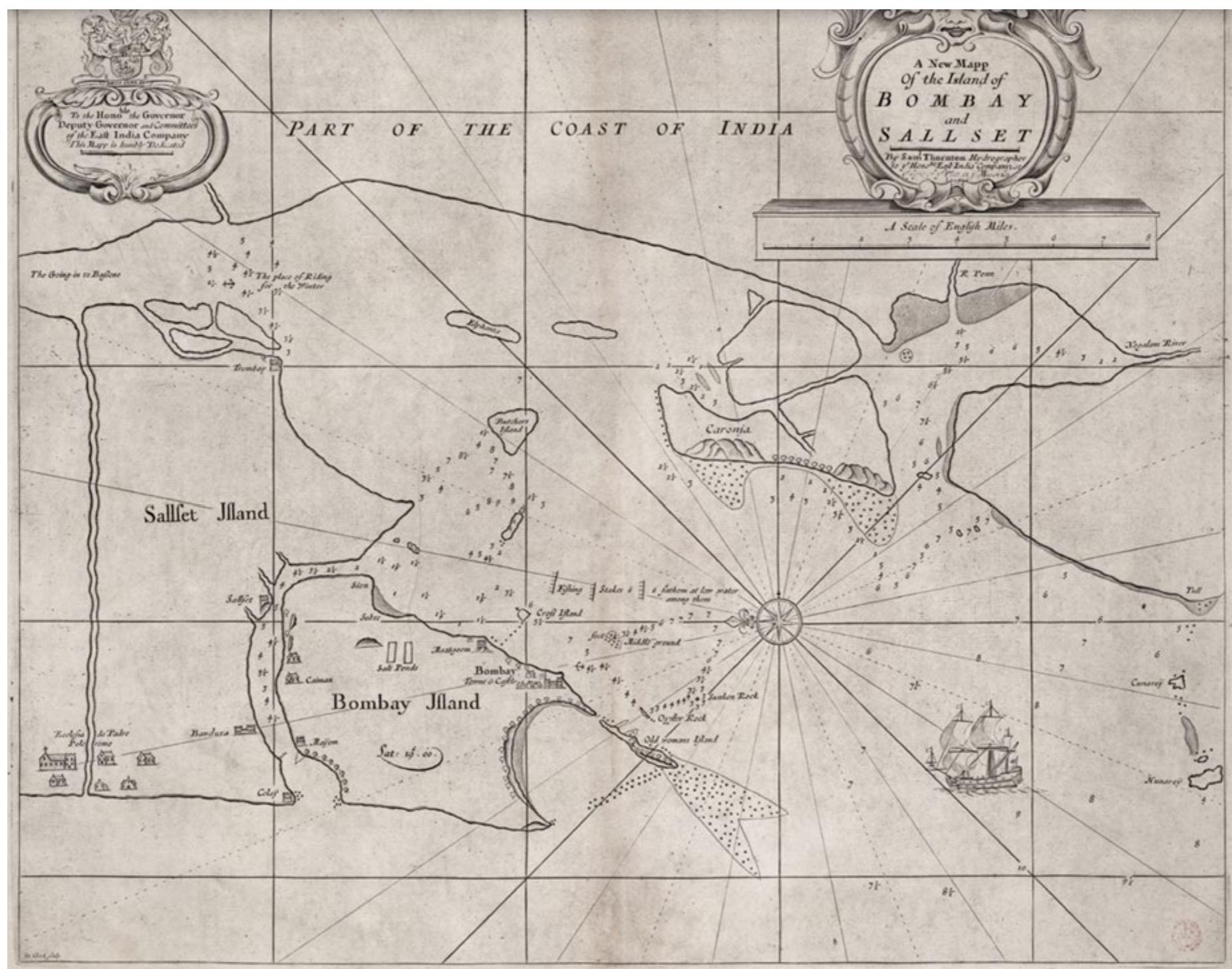 1690 map of bombay and salsette. sam thornton, hydrographer,