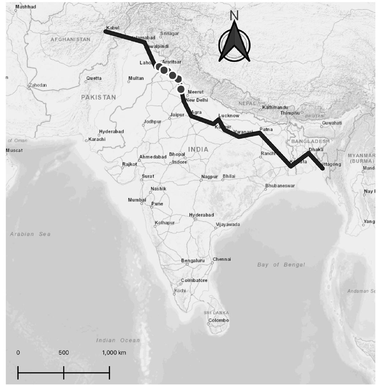 Map 2: the caravanserais from punjab towards delhi against