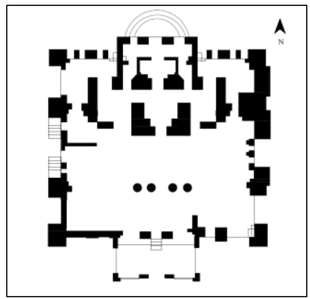 The building has a rectangular floor plan, with four