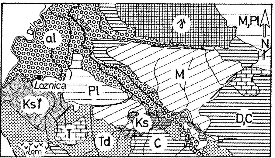Geologic map of the jadar basin. legend: d, c — devoni- an,