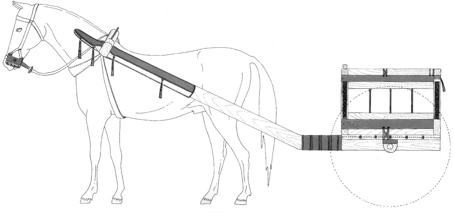 Reconstruction drawing of chariot, side view. drawing by the