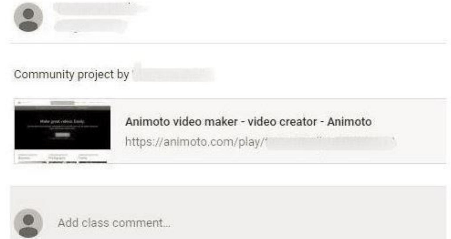 Sample google classroom post of robin’s animoto project