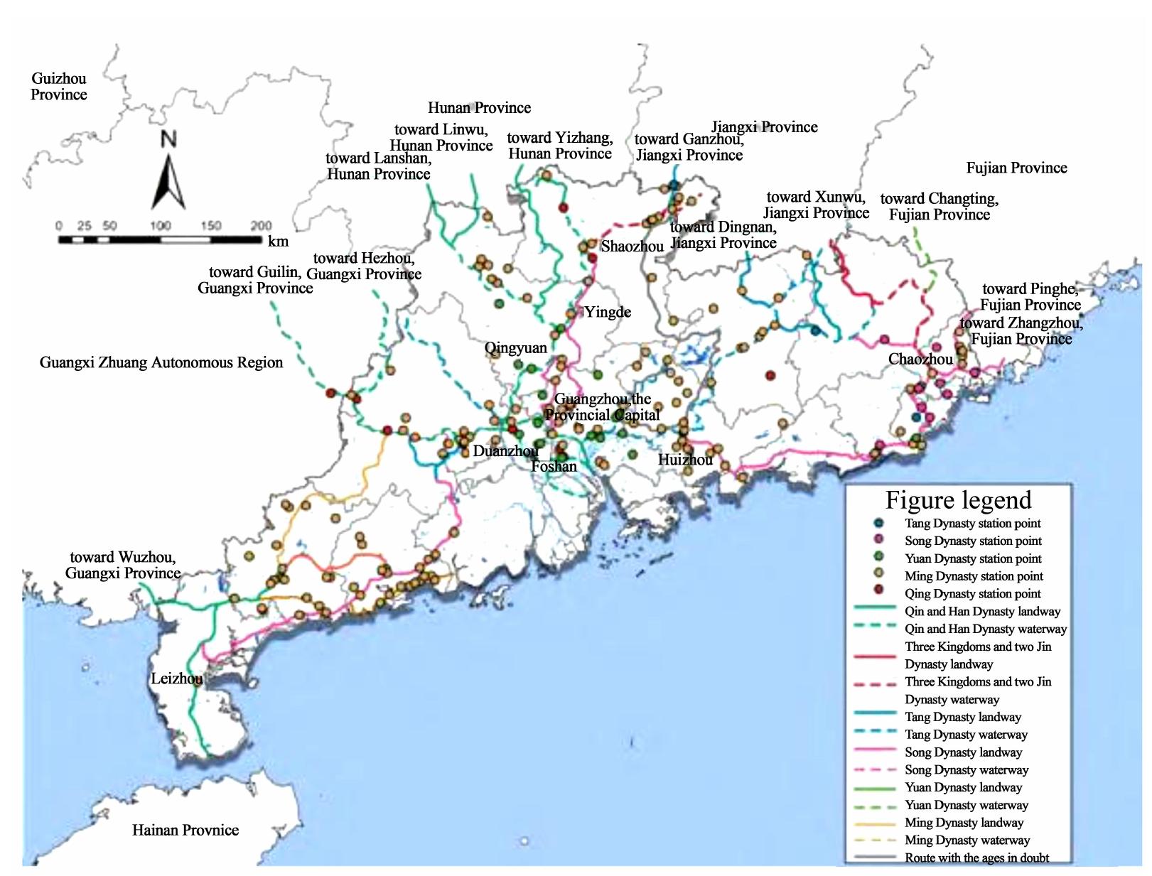 Distribution map of the ancient post stations along south