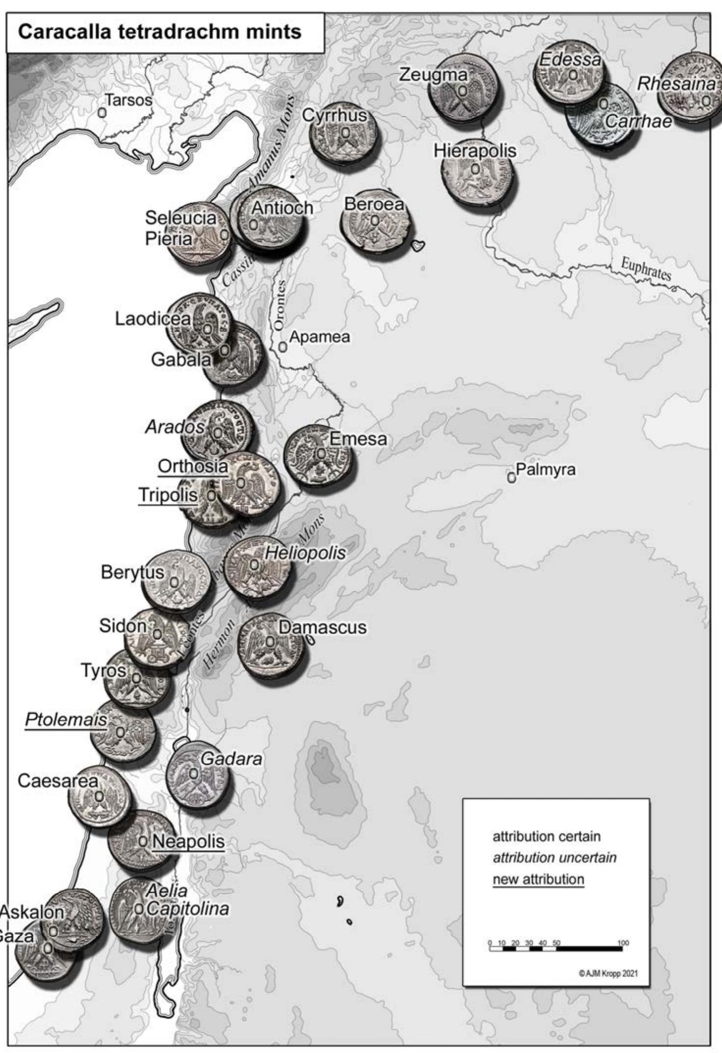 - map of caracalla tetradrachm mints reflecting latest