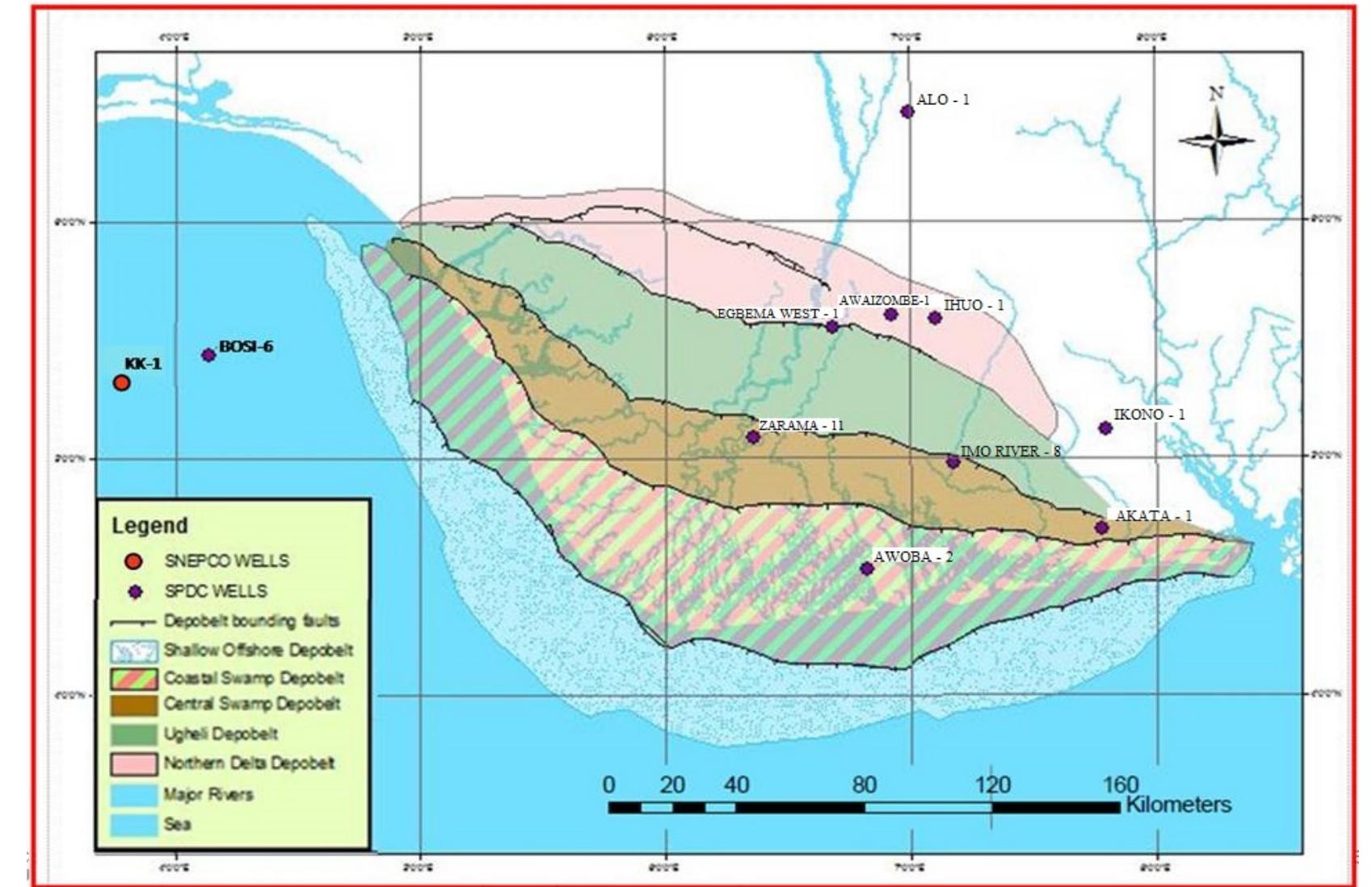 Map of niger delta showing the locations of the study wells