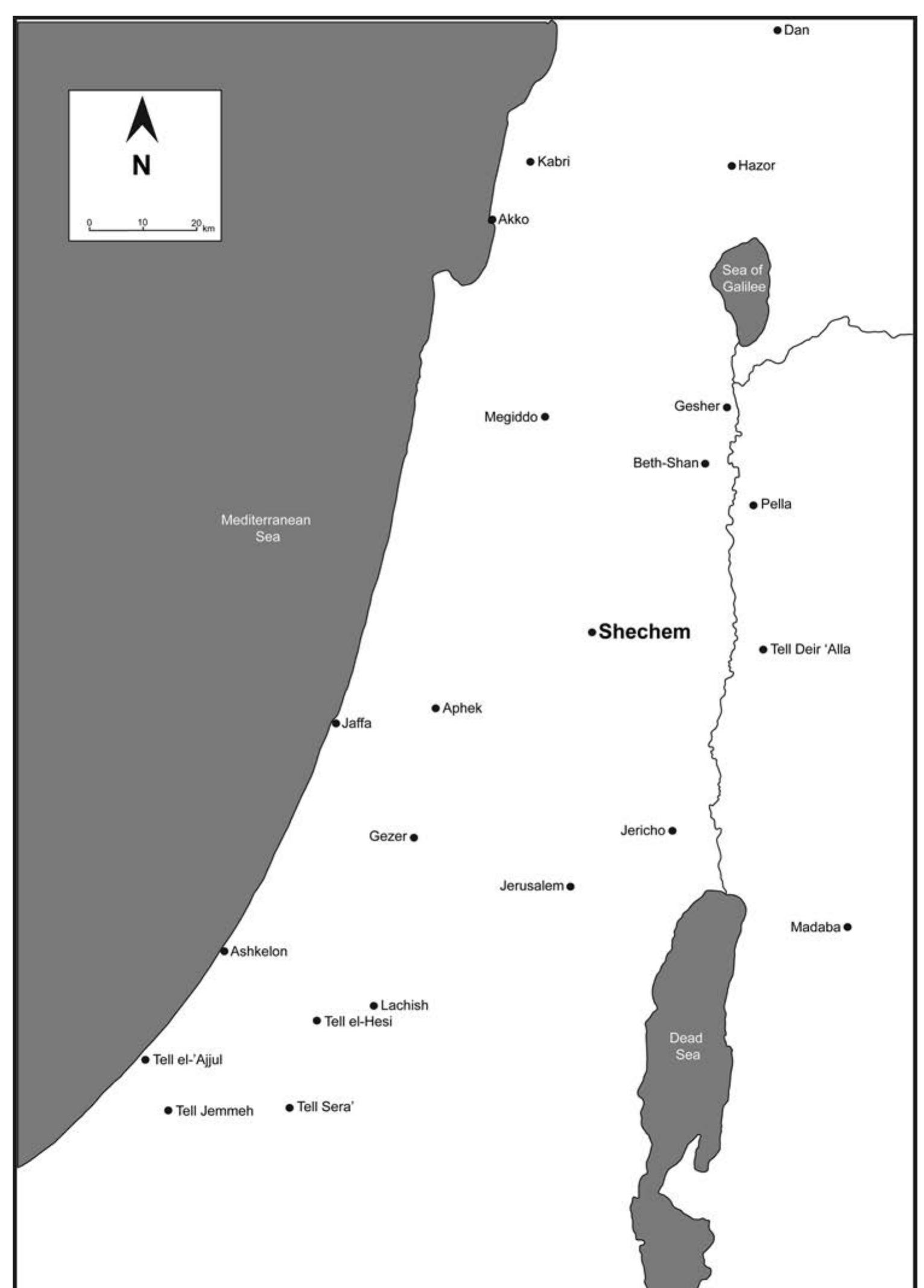 Map of the southern levant with shechem highlighted. (map by