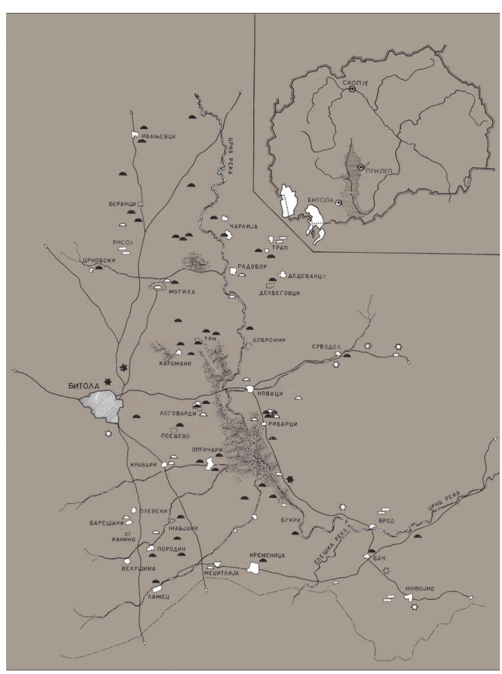 Map of pelagonia with indicated prehistoric archaeological