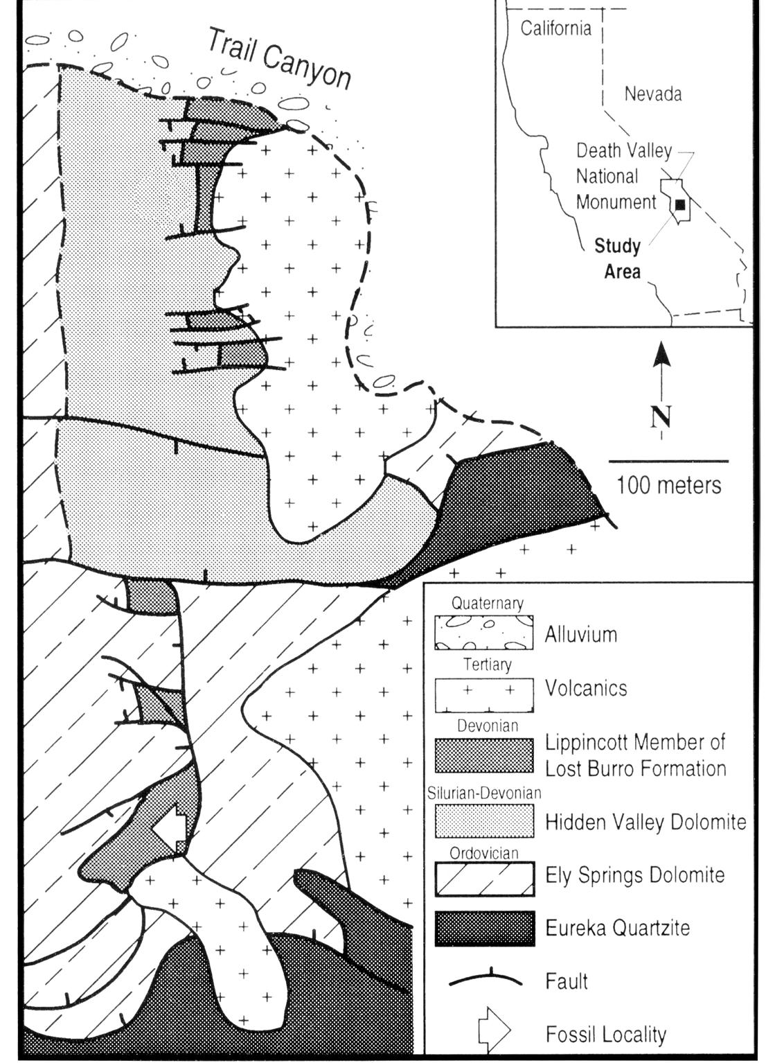 Map showing the position and geology of the fossil locality