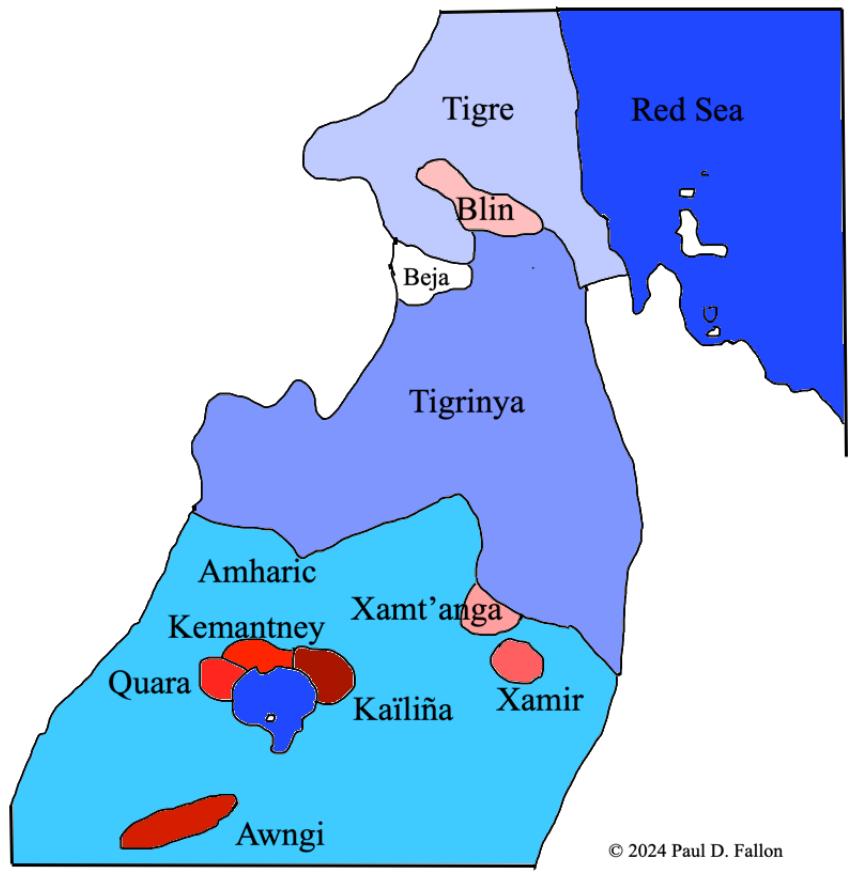 Map of central cushitic (in shades of red) and major