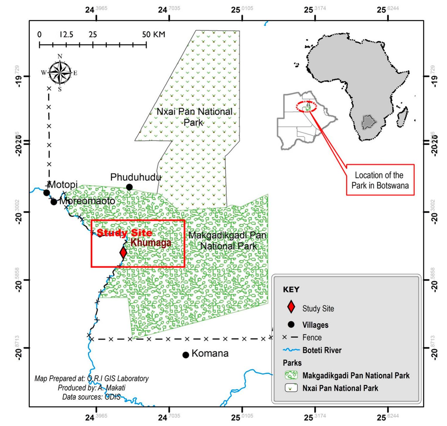 Map of the study area showing khumaga. map prepared at: