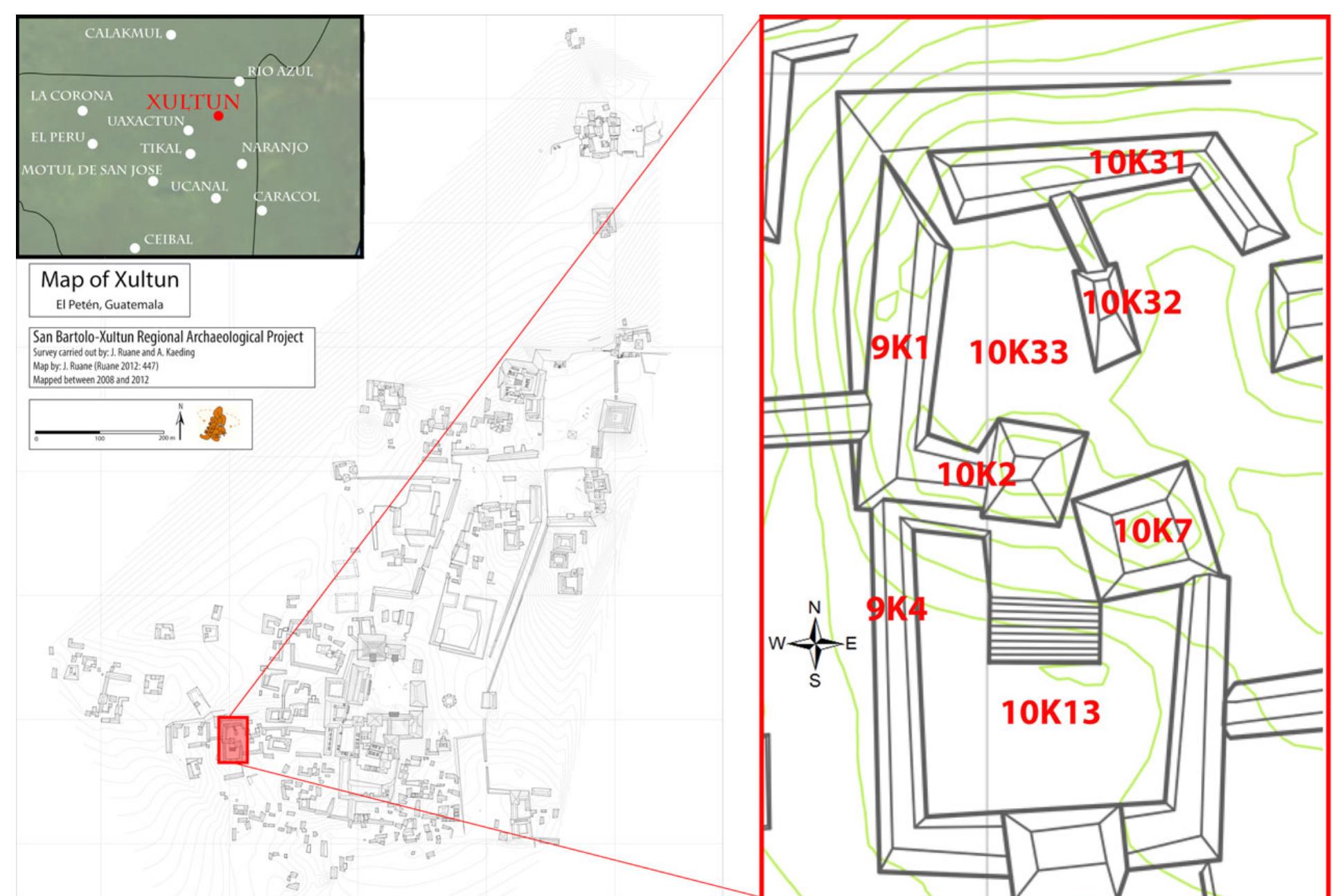 Upper left corner: map of central petén. left: map of xultun