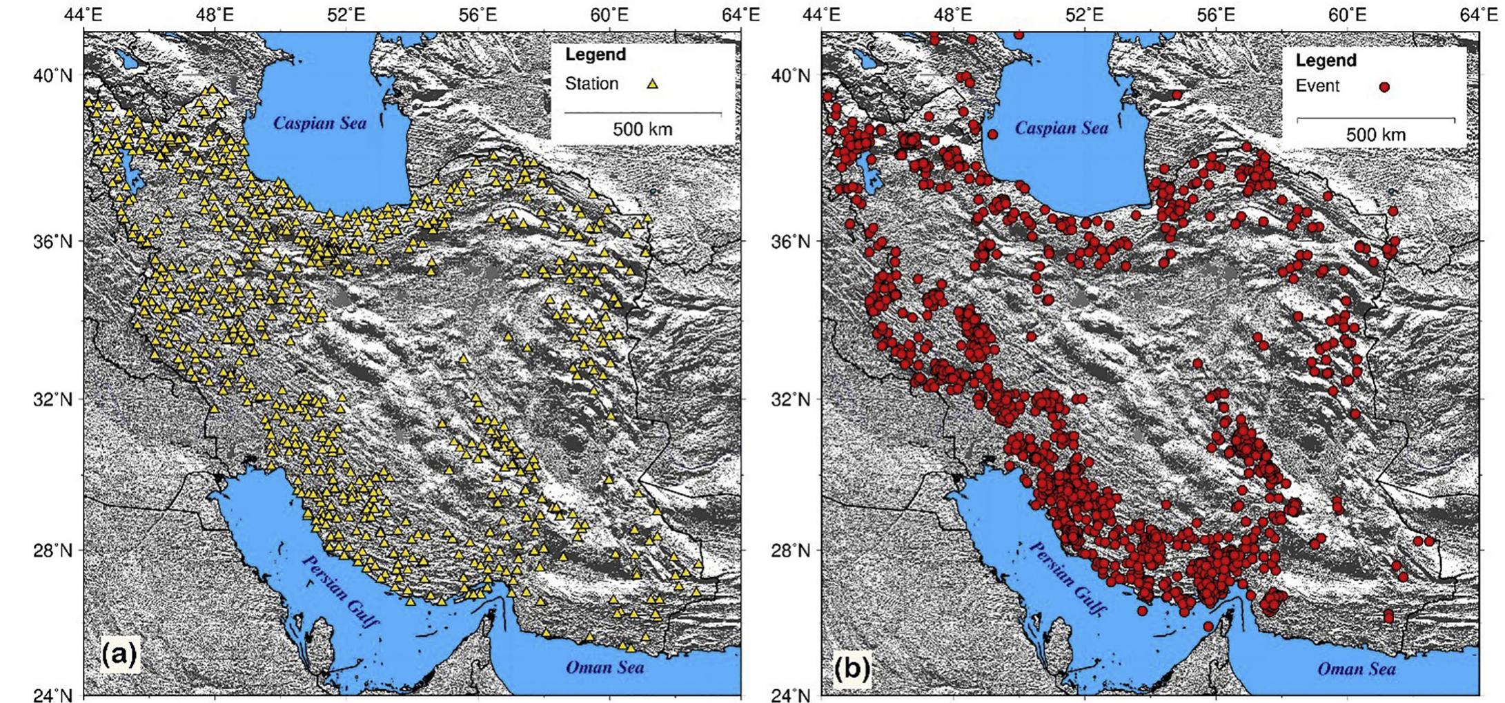 Topography map of iran and the location of stations (a) and