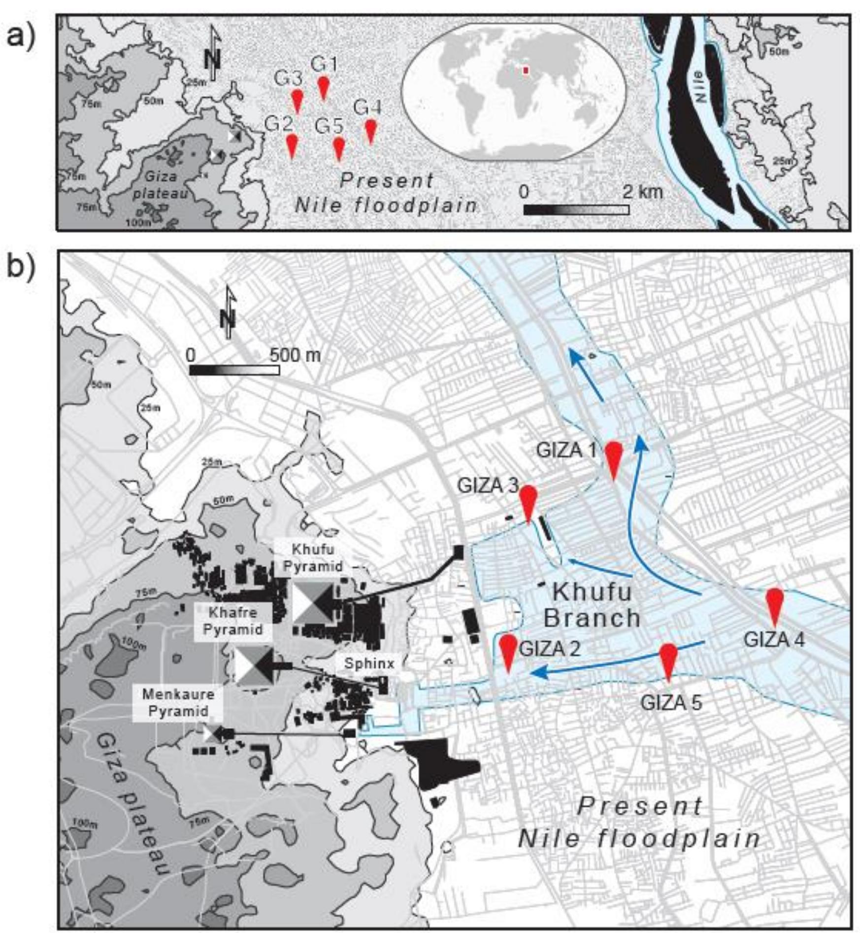 Map showing the cores g1 and g4 used to study the evolution