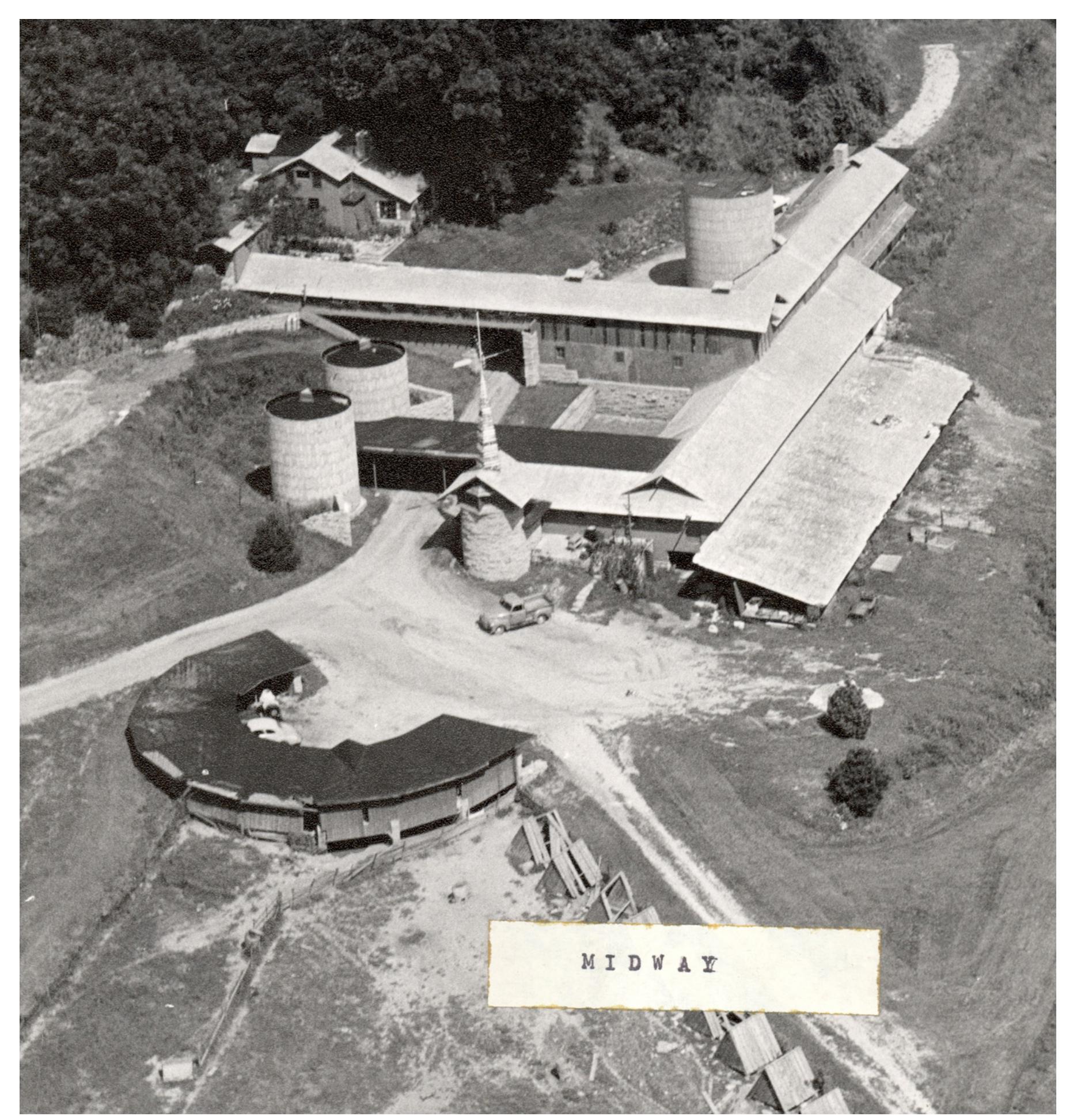 Aerial photograph of midway barn with all its structures,