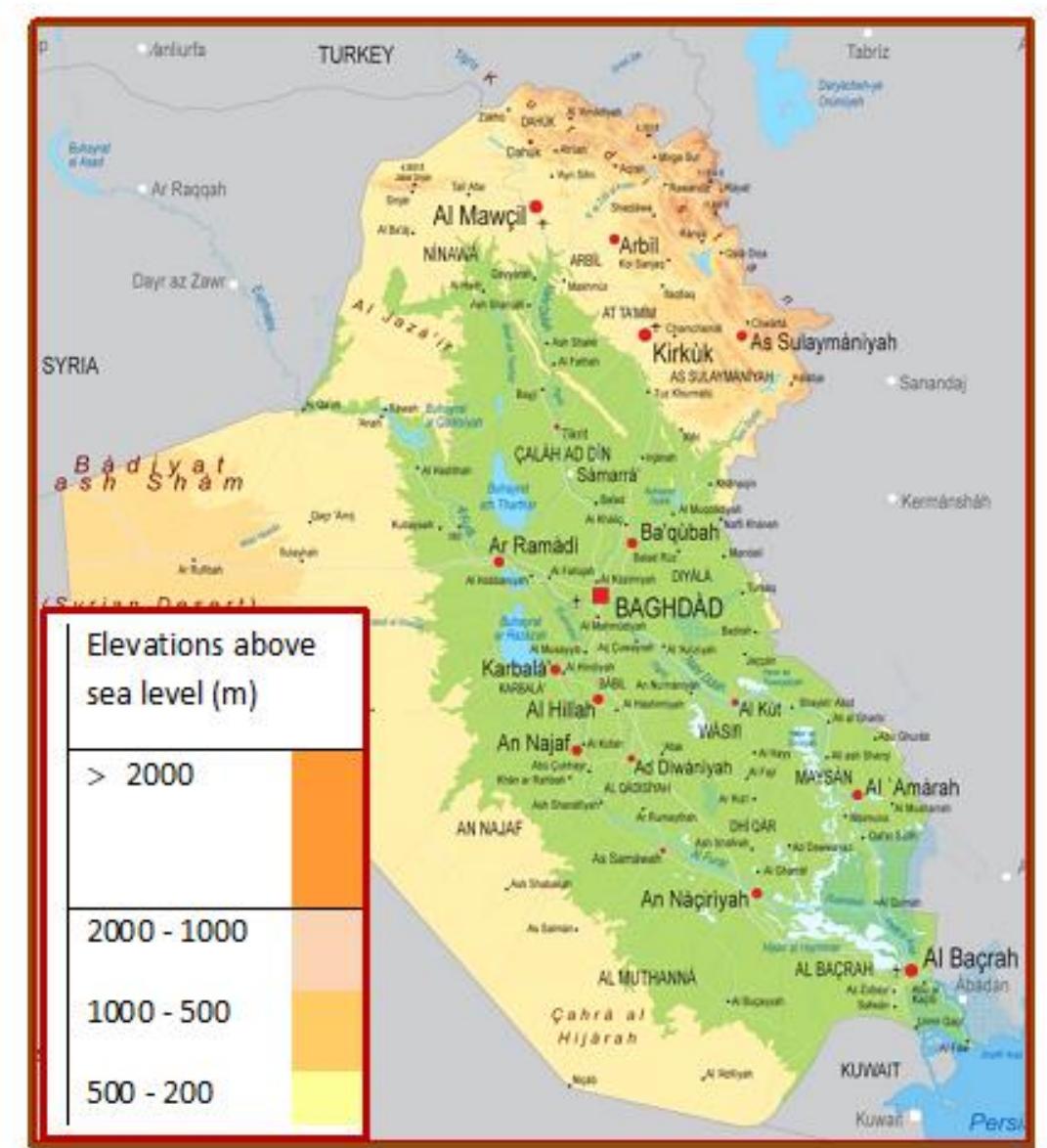 Geographical map of iraq showing the general relief and the