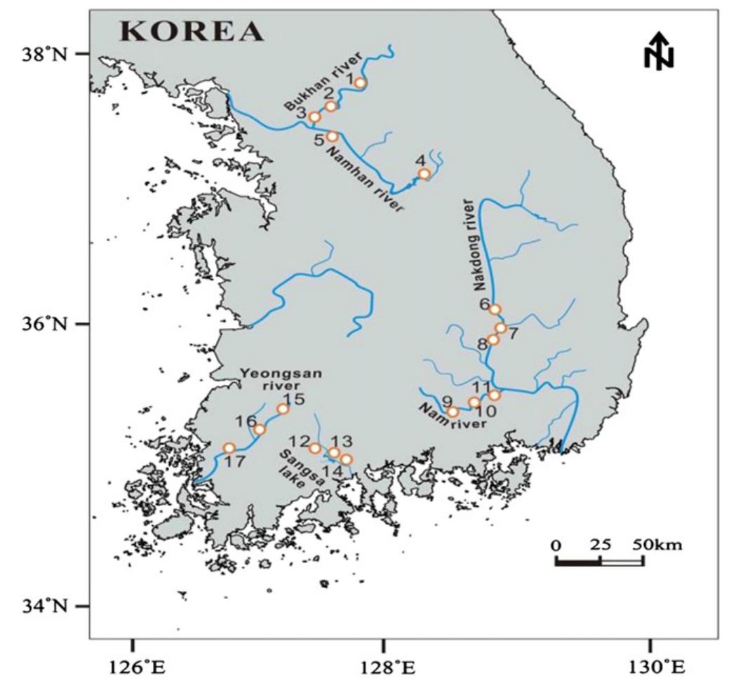 Map showing 17 sampling sites located in six major rivers