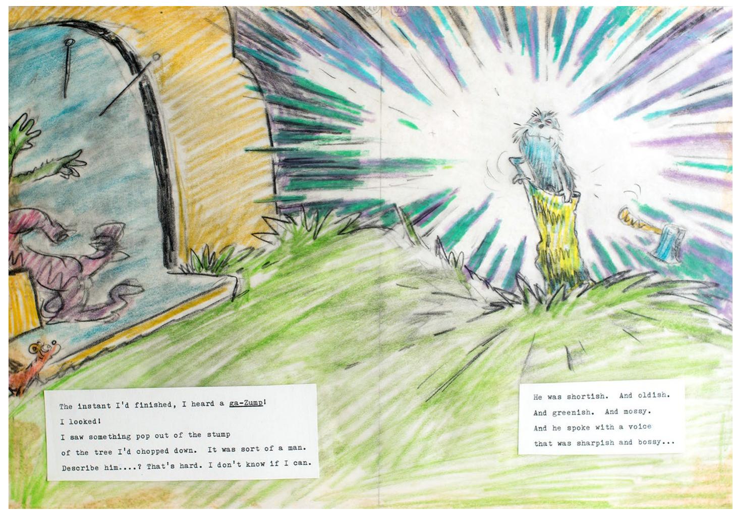 | pre-publication drawing of the lorax. the lorax enters the