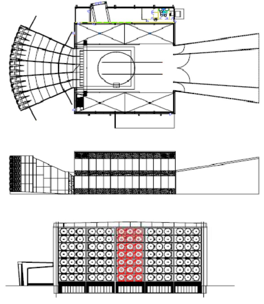 Plan view and elevation views of windstorm simulation