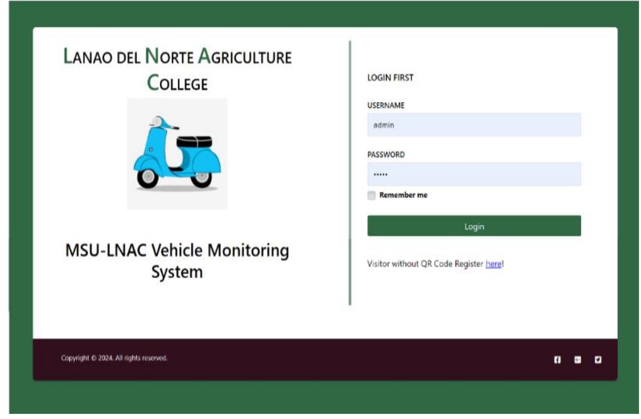 Login Page Of Msu Lnac Web Based Vehicle Monitoring System