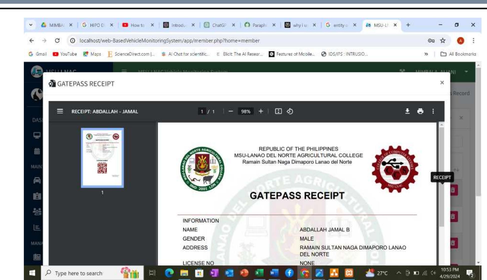 Screenshots of gate pass receipt of list records of vehicle