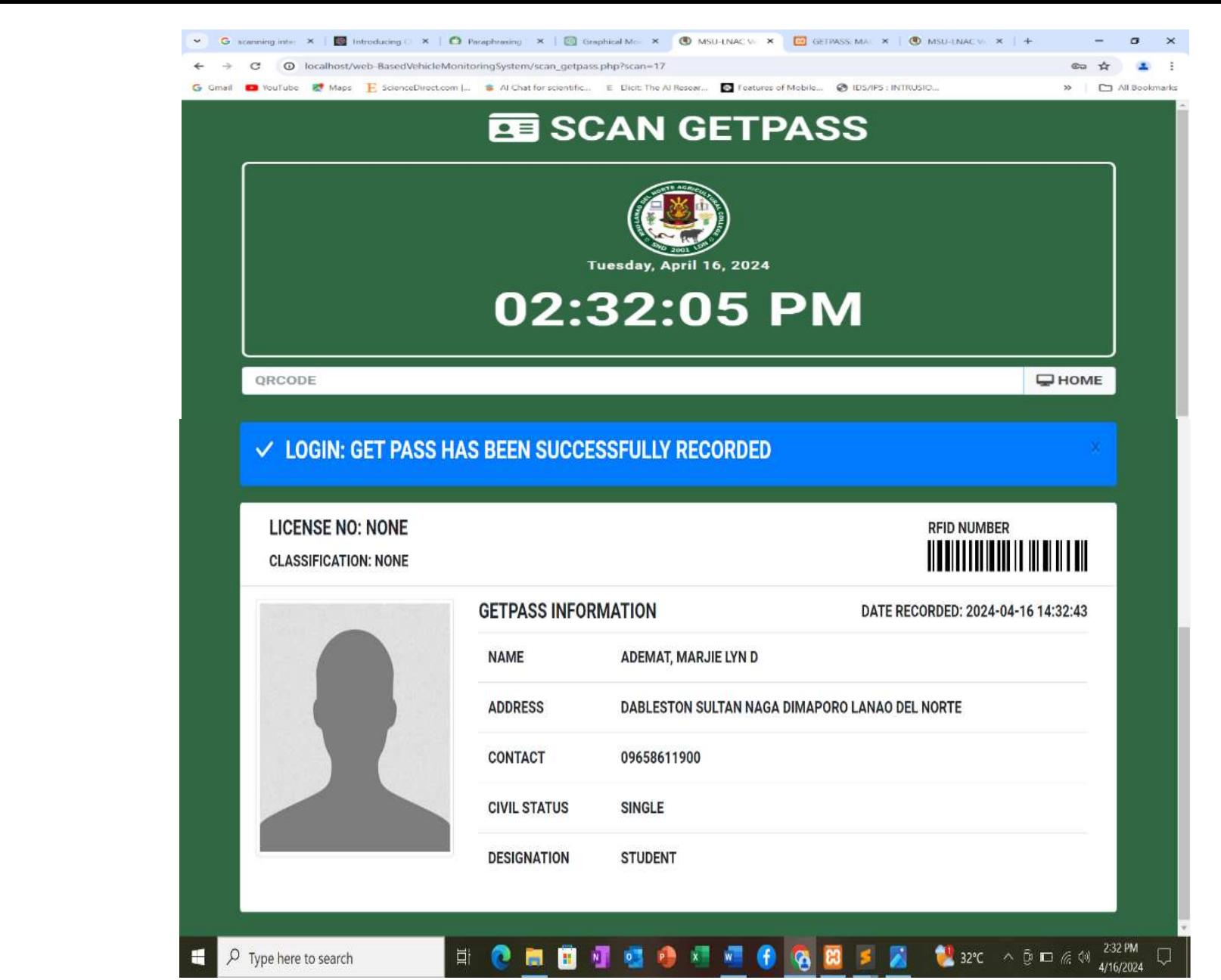 Screenshots of the scanner interface and system response to
