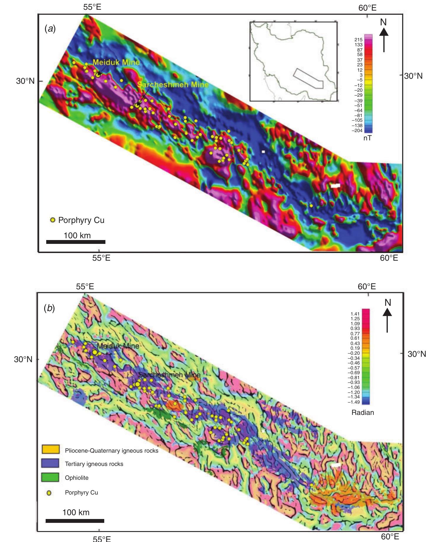 (a) magnetic anomaly map of the kerman region. (b) map of