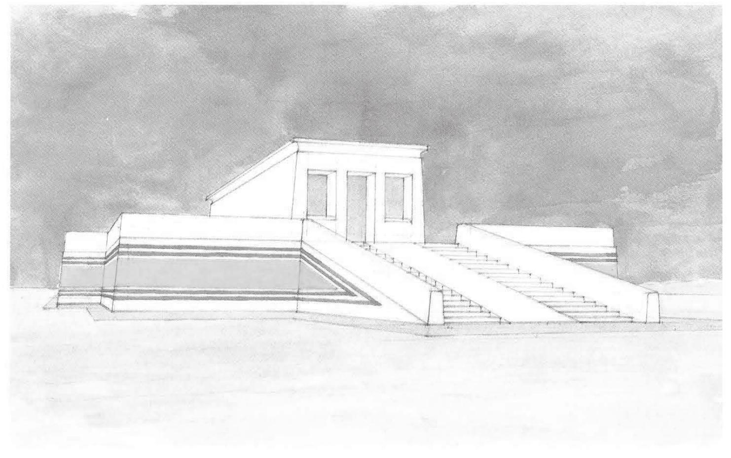 1. restoration drawing of the first building of the
