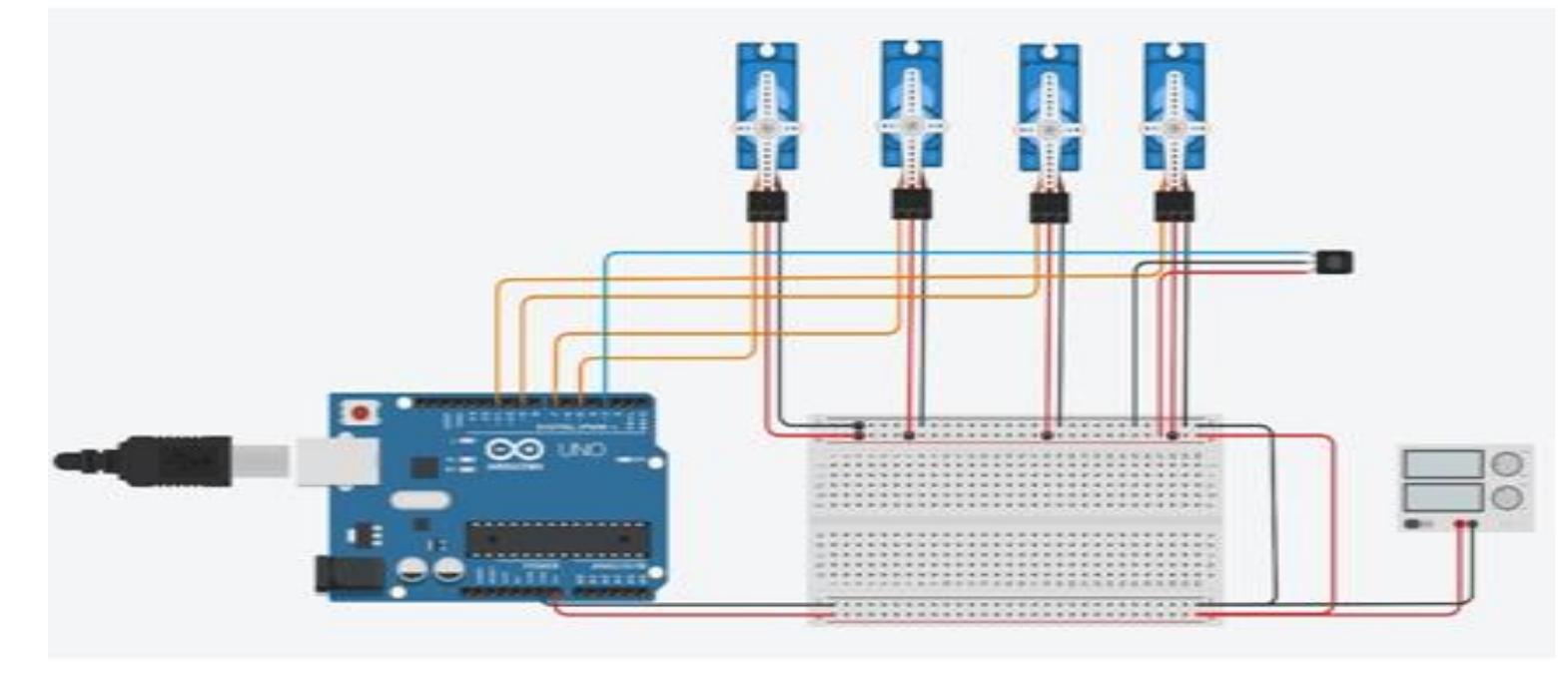 Shows the arduino in tinkercad. in arduino robotic arm