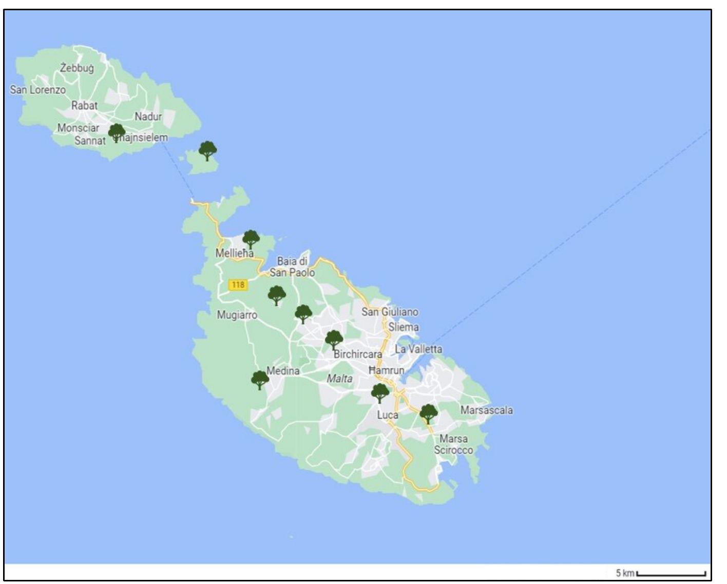 Map of the maltese archipelago with the geographic locations