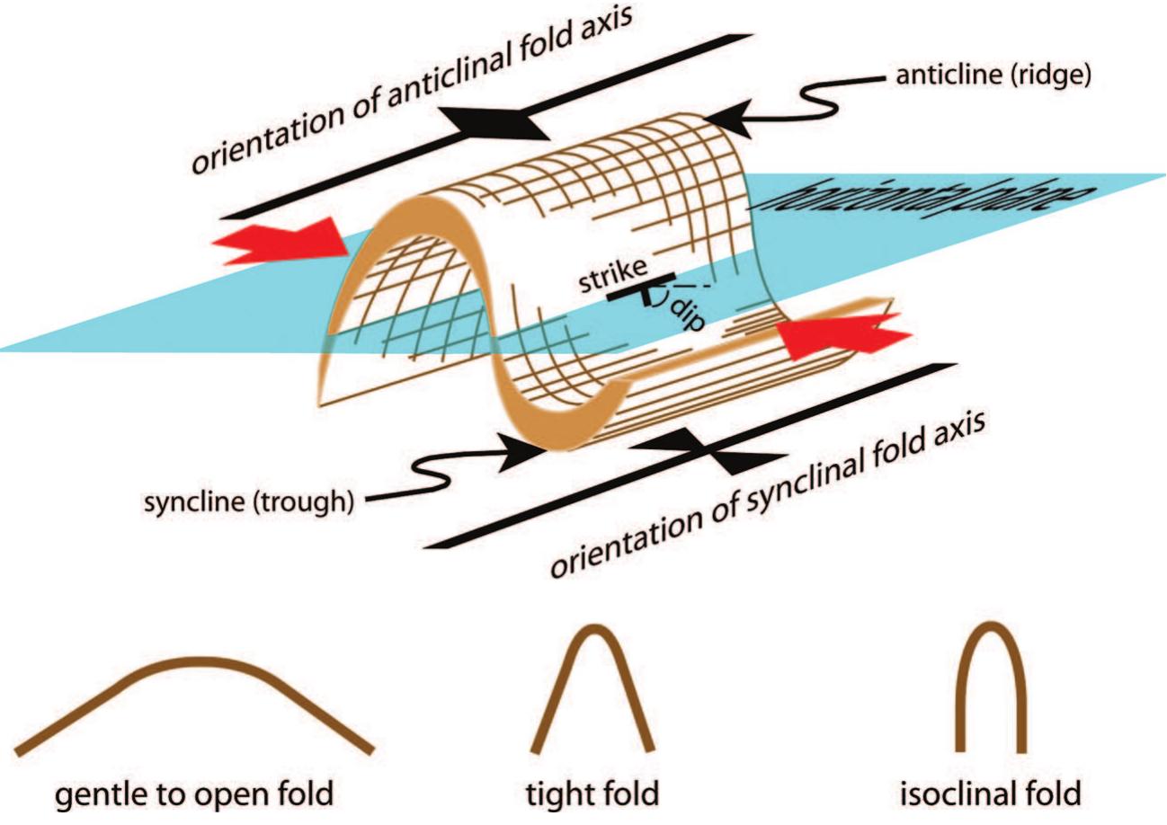 Annotated diagram of upright folds, showing the geometry of