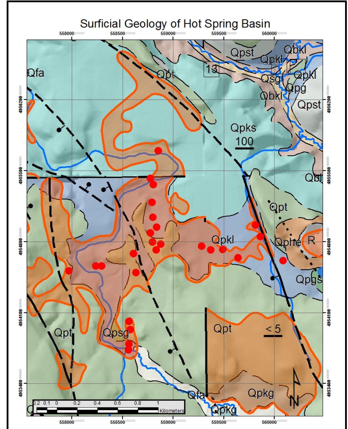 Surficial geologic map showing normal faults (black solid