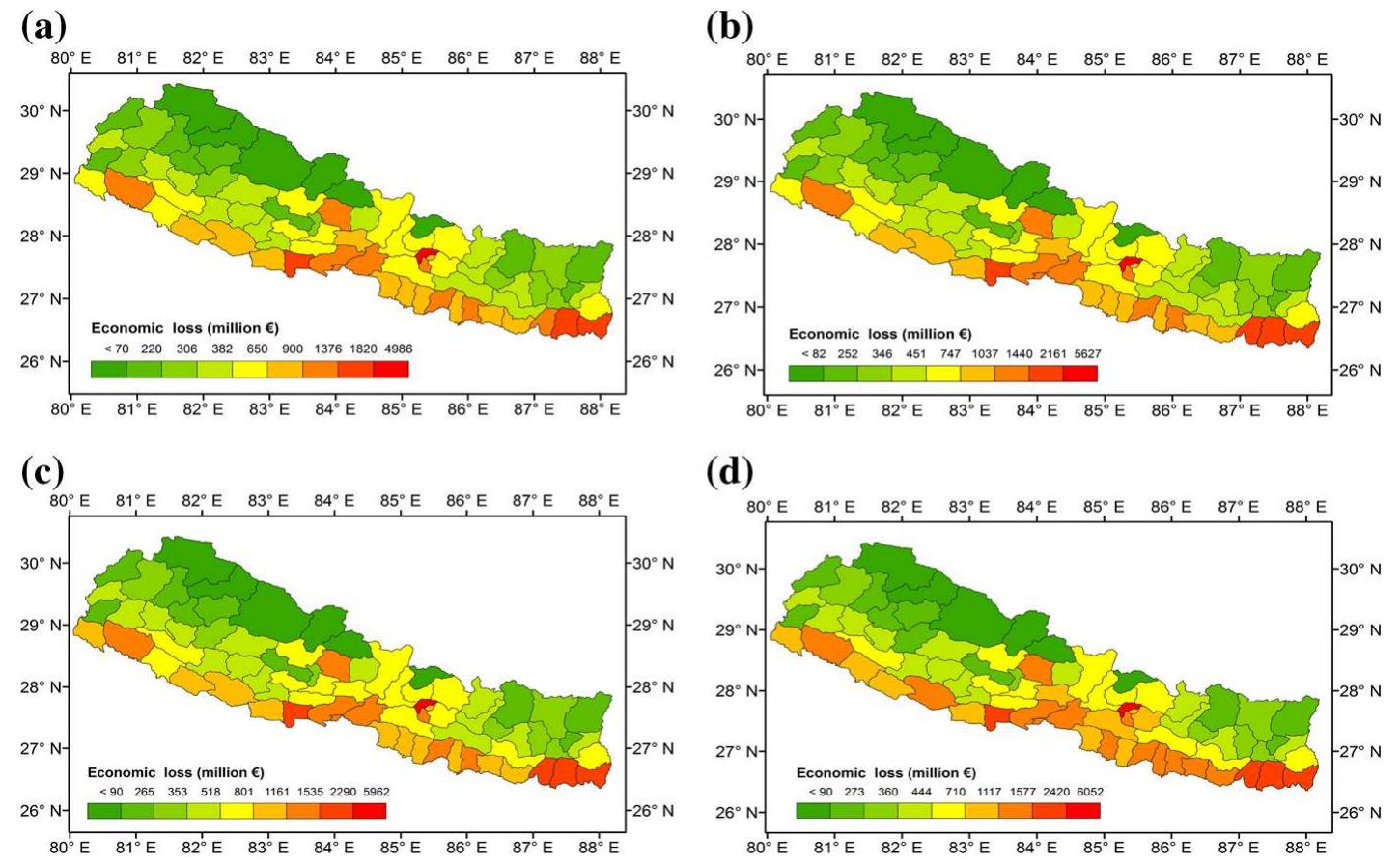 Economic loss map of nepal: a with 10 % probability of