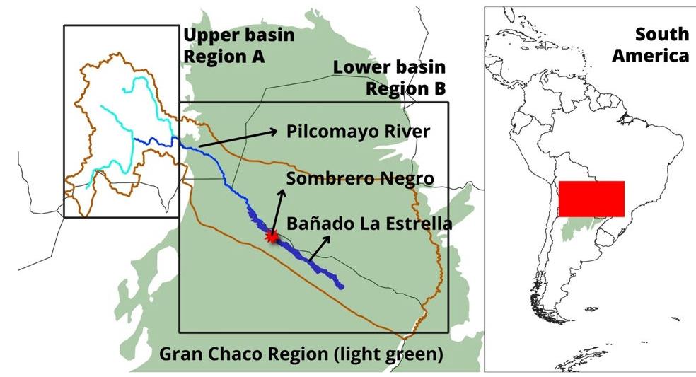 Map of the pilcomayo basin (orange contour), the upper and