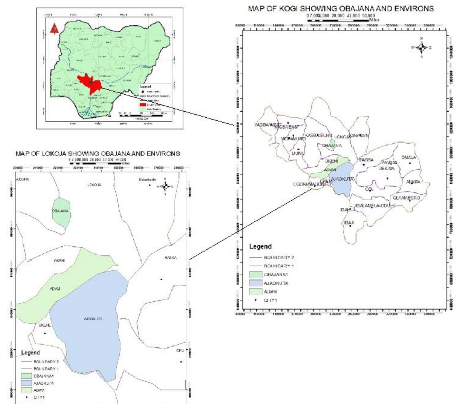 Map of kogi state showing lokoja and map of lokoja showing