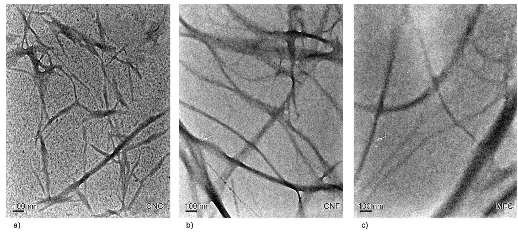 Tem images of different types of nanocellulose, a) cnc, b)