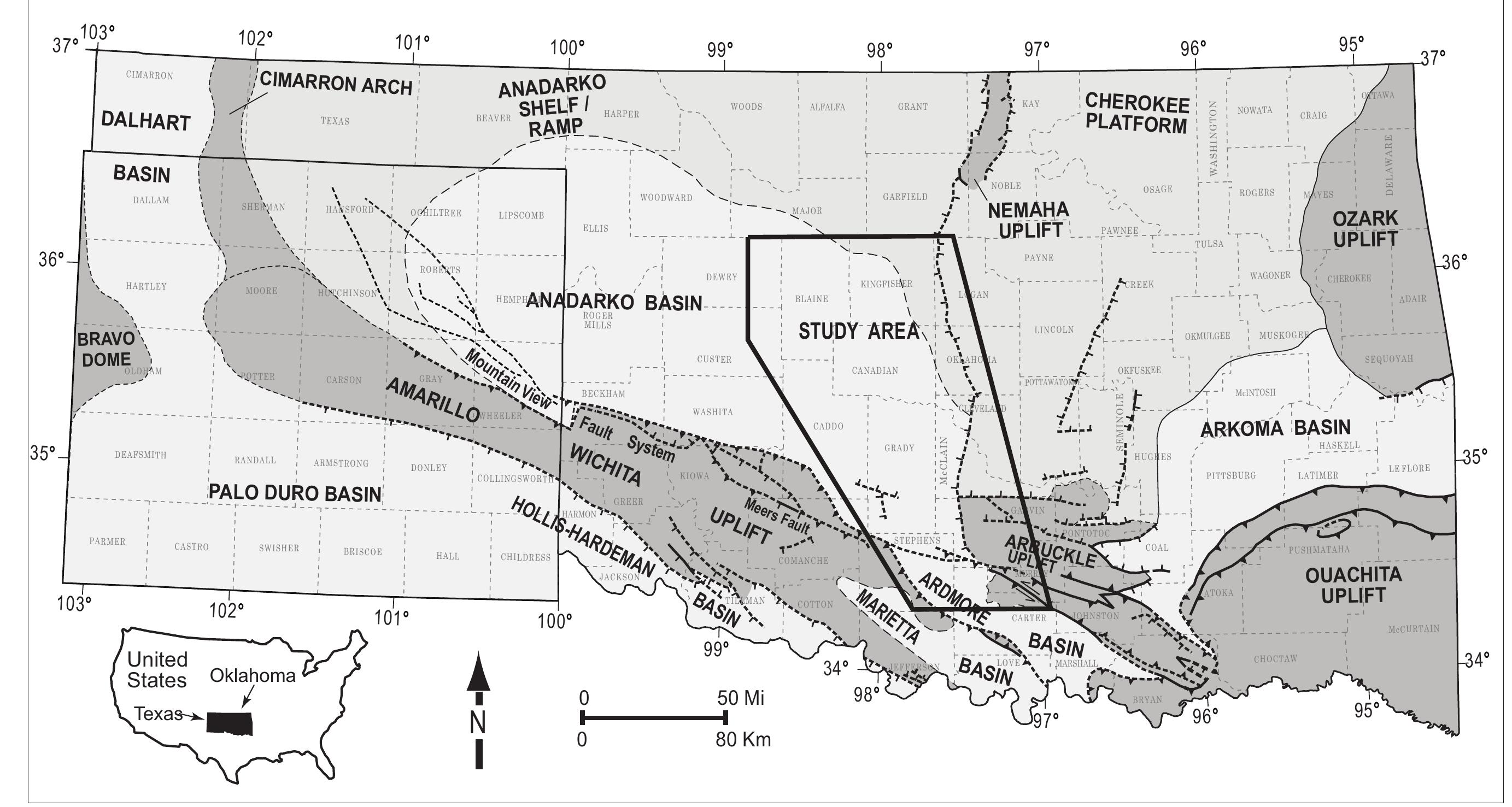 Map of tectonic provinces for oklahoma. the study area is