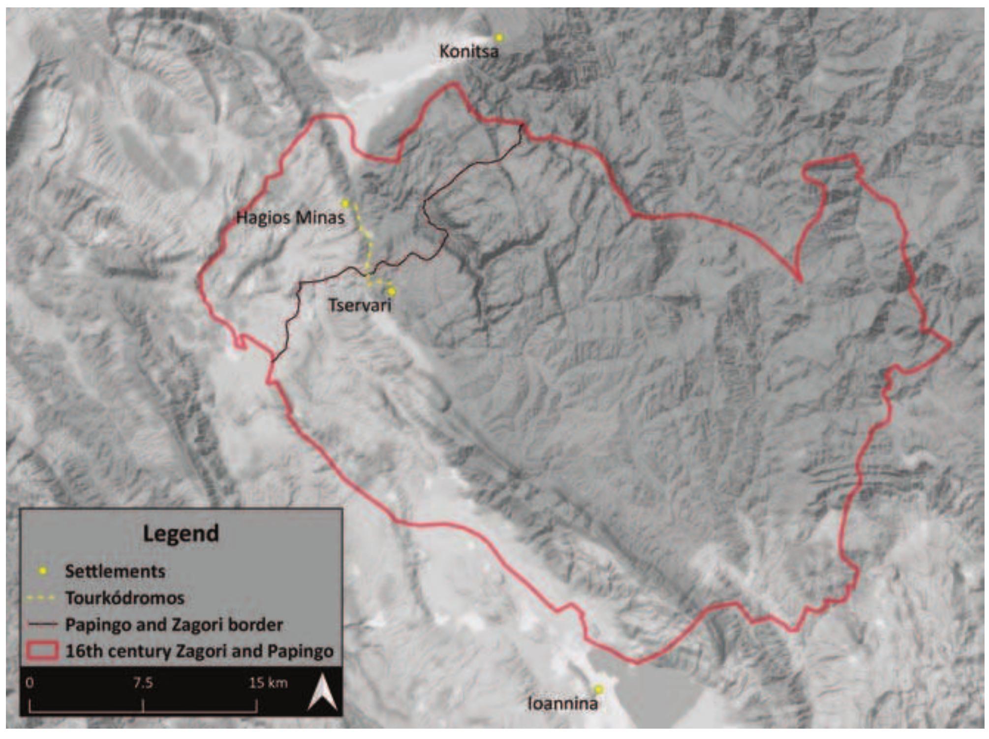 Map of papingo and zagori with points of interest marked.