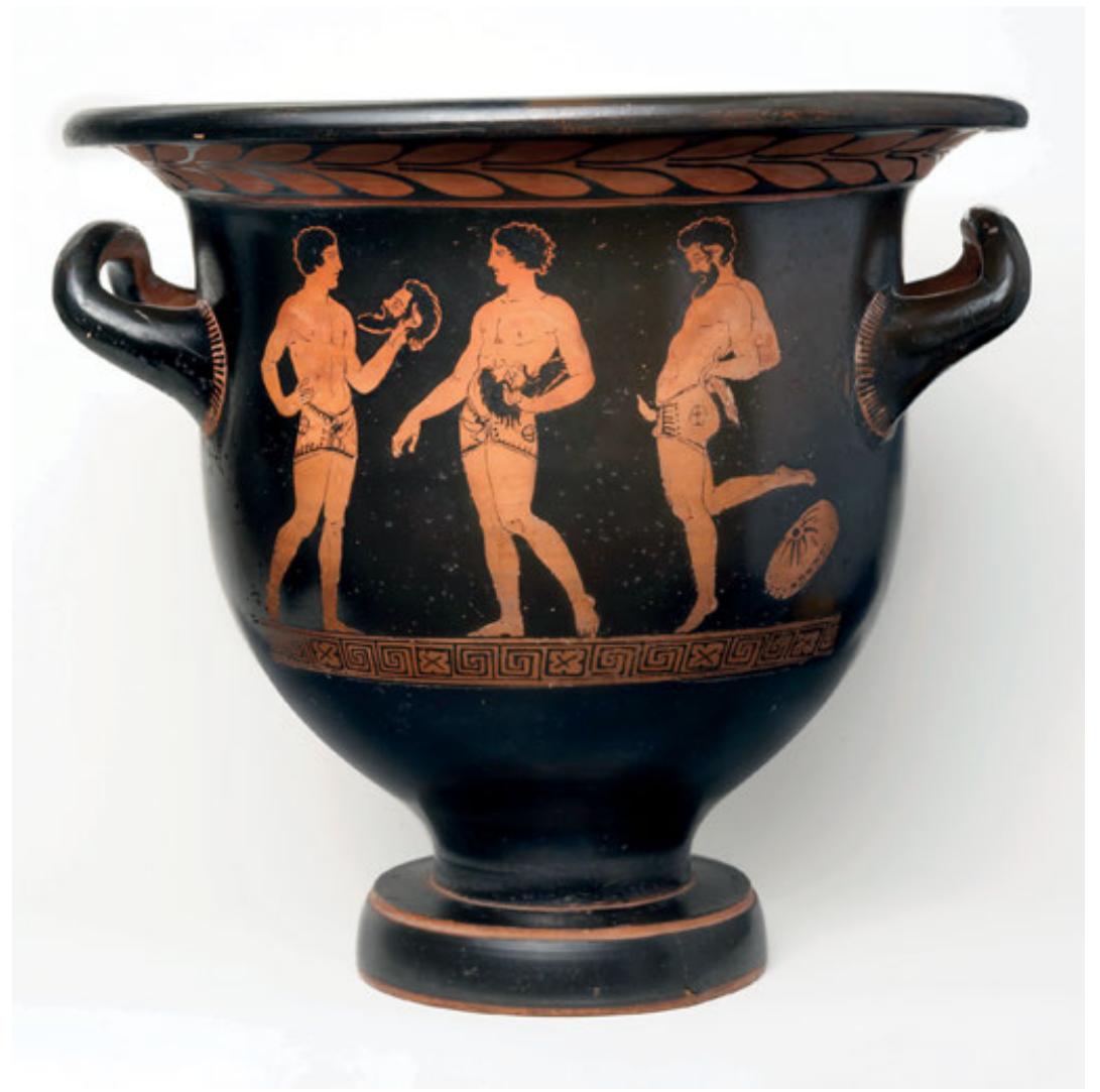 30: chorusmen of a satyr play. apulian bell krater by the