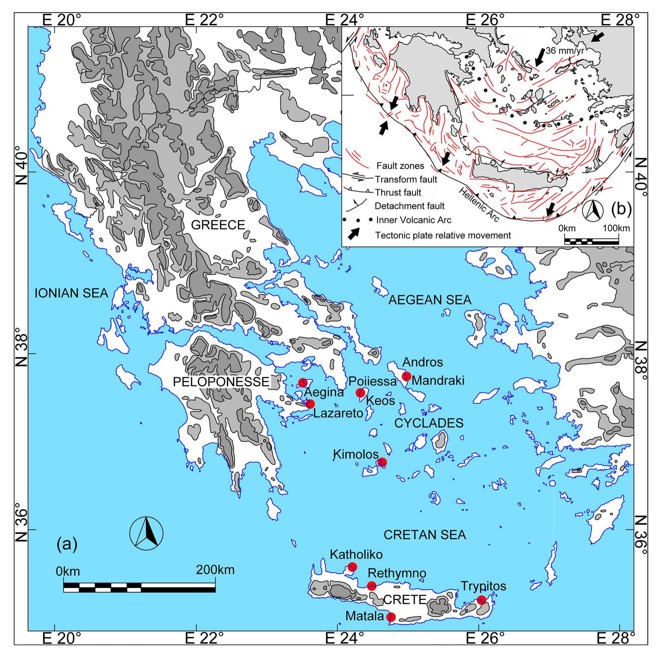 A location map of greece with the locations of the shipsheds