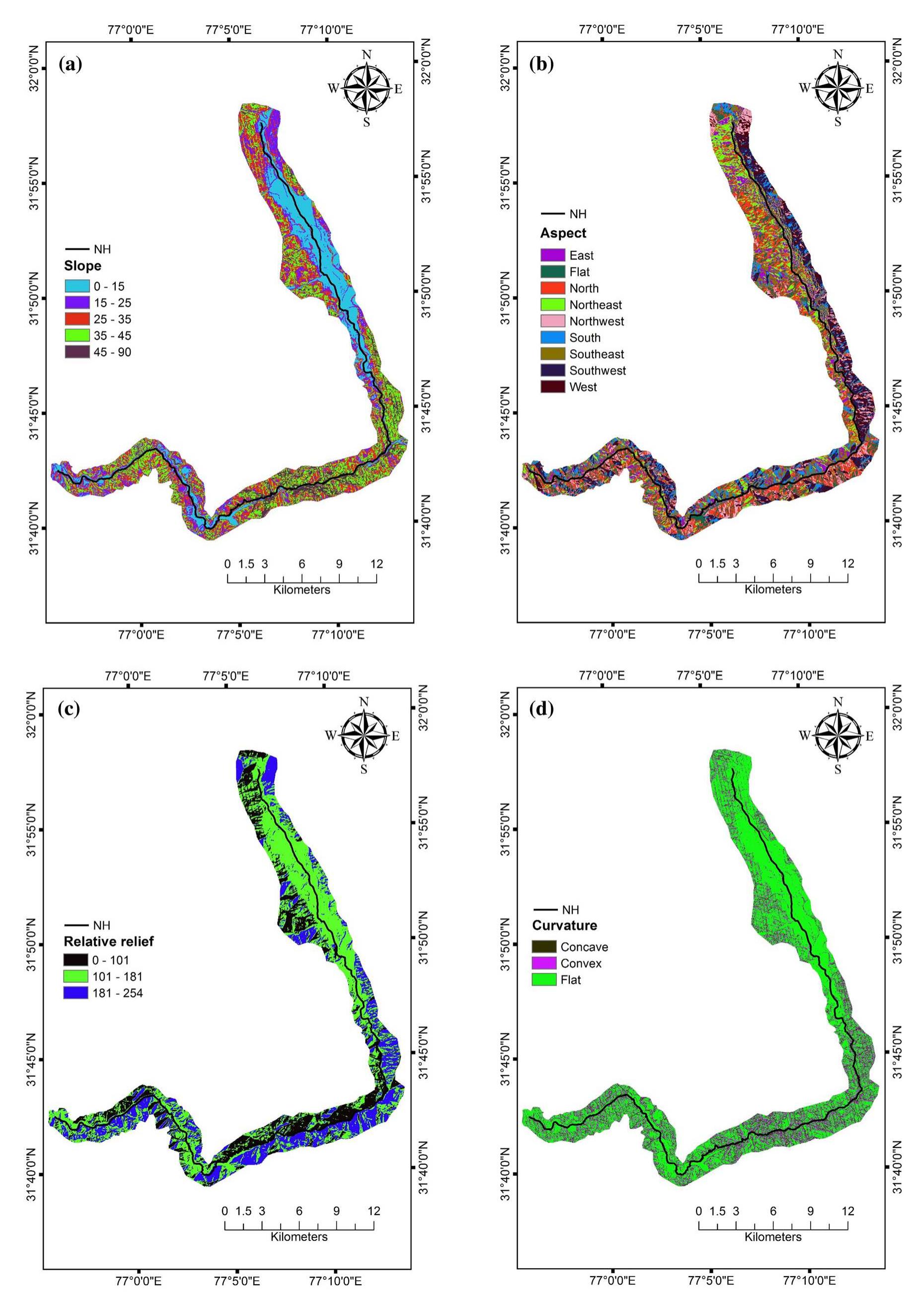A slope map, b aspect map, ¢ relative relief map, d