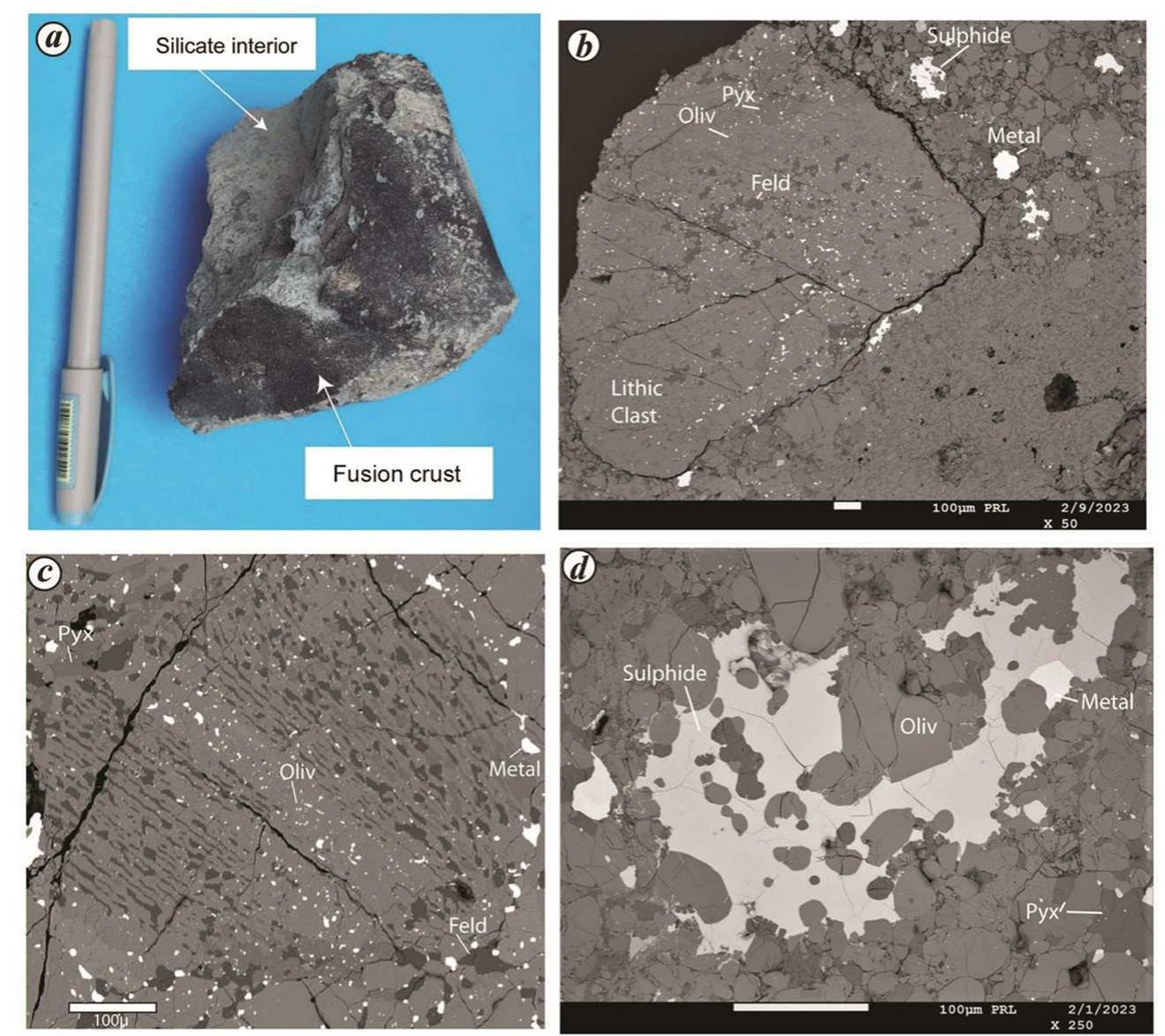 A, hand specimen of kopargaon meteorite. black fusion crust
