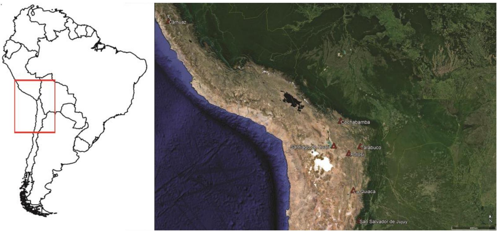 Map showing the southern andean area and the countries it