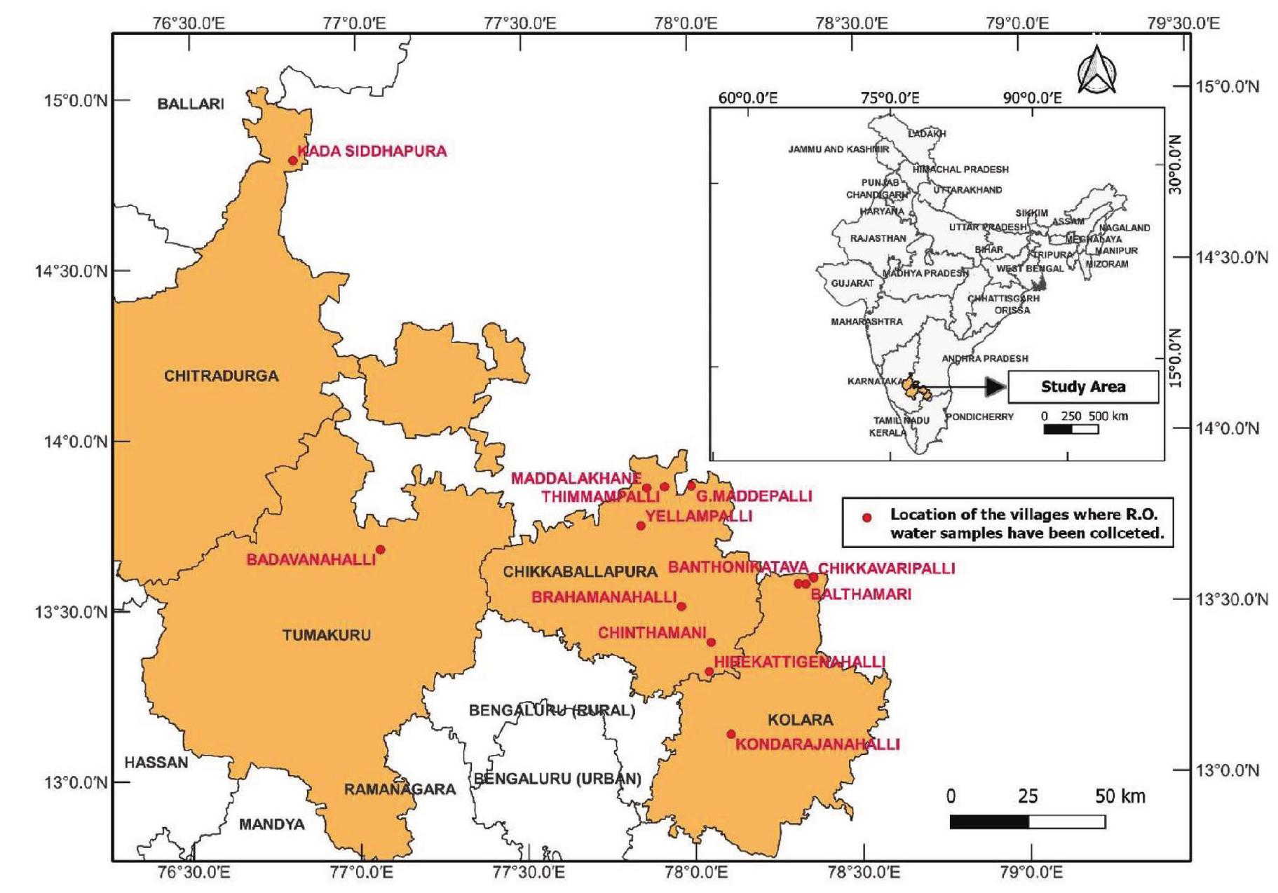 Map showing locations of villages in the chikkaballapur,