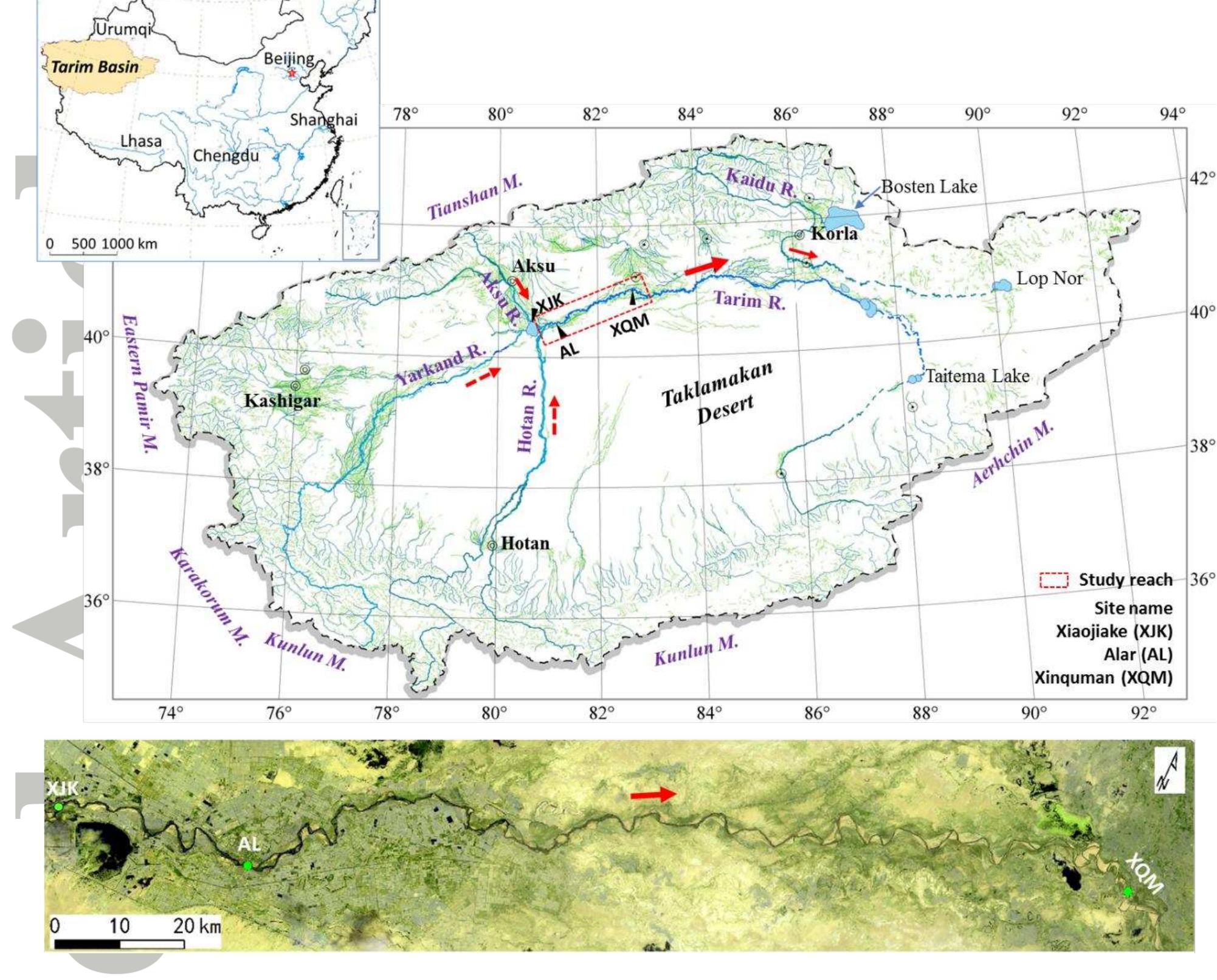 Location of the tarim river, the 189-km long study reach