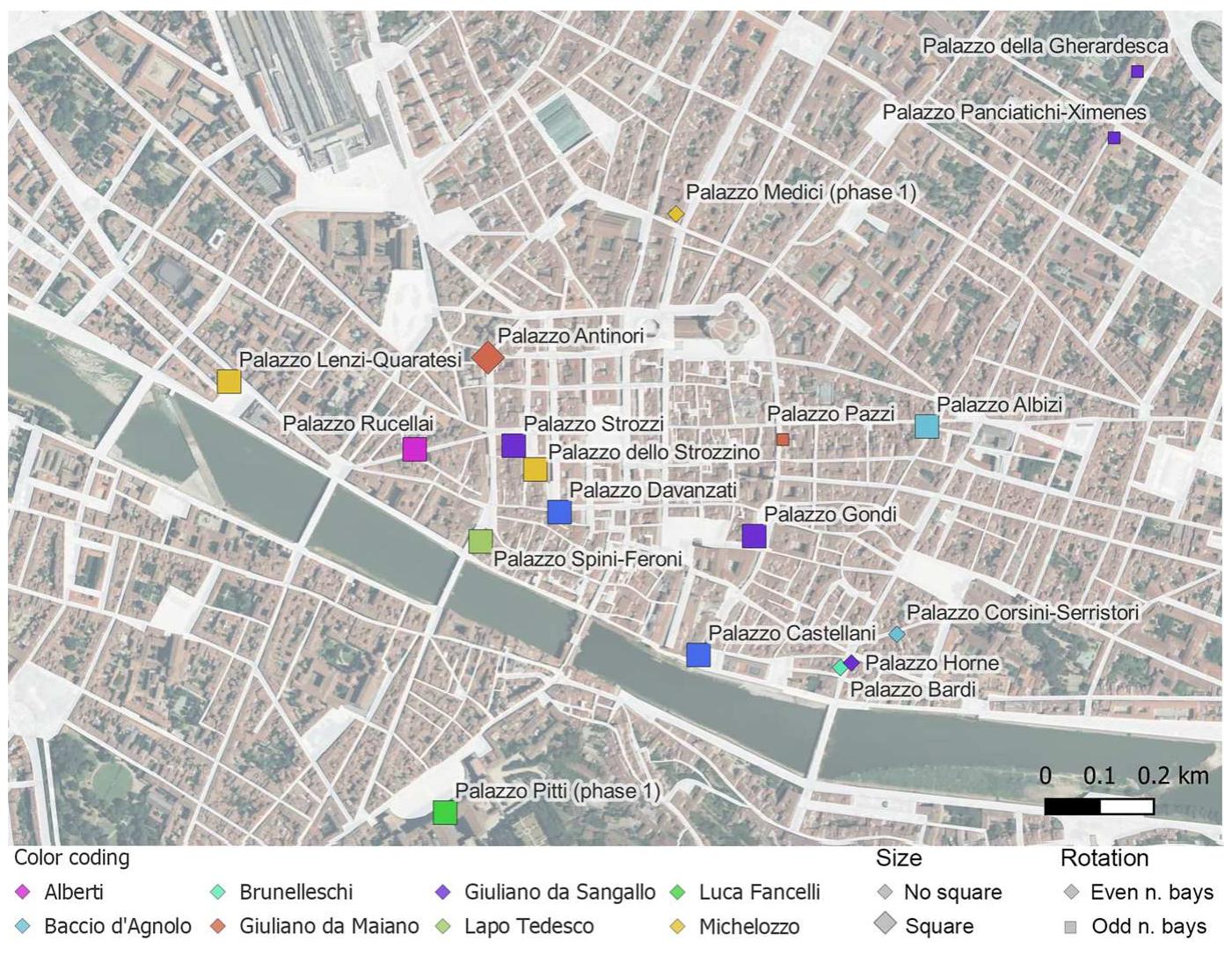 Gis map of 19 florentine palazzi showing the architect, and